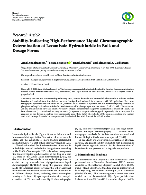 (PDF) Stability-Indicating High-Performance Liquid Chromatographic Determination of Levamisole ...