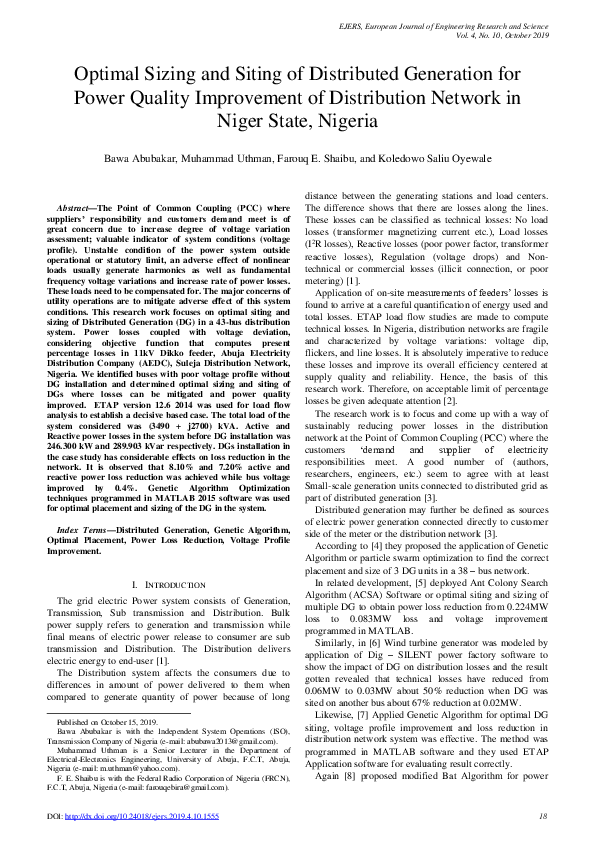 Pdf Optimal Sizing And Sitting Of Distributed Generation For Power Quality Improvement Of
