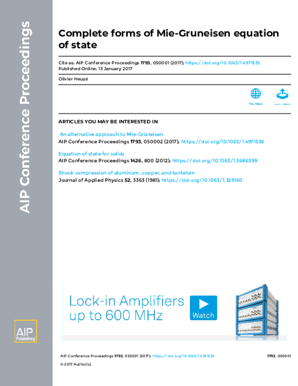 (PDF) Complete forms of Mie-Gruneisen equation of state