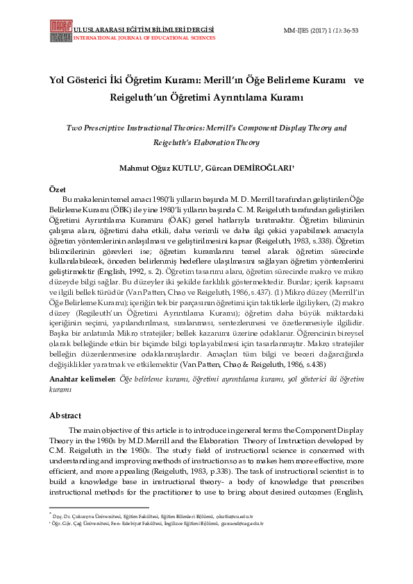 (PDF) Two Prescriptive Instructional Theories: Merrill’s Component Display Theory and Reigeluth ...