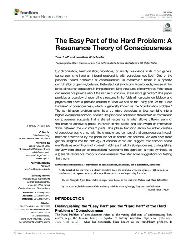 (PDF) The "easy part" of the Hard Problem: a resonance theory of ...