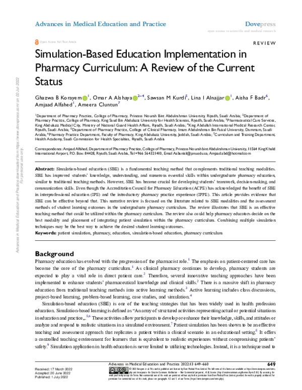 (PDF) Simulation-Based Education Implementation in Pharmacy Curriculum: A Review of the Current ...