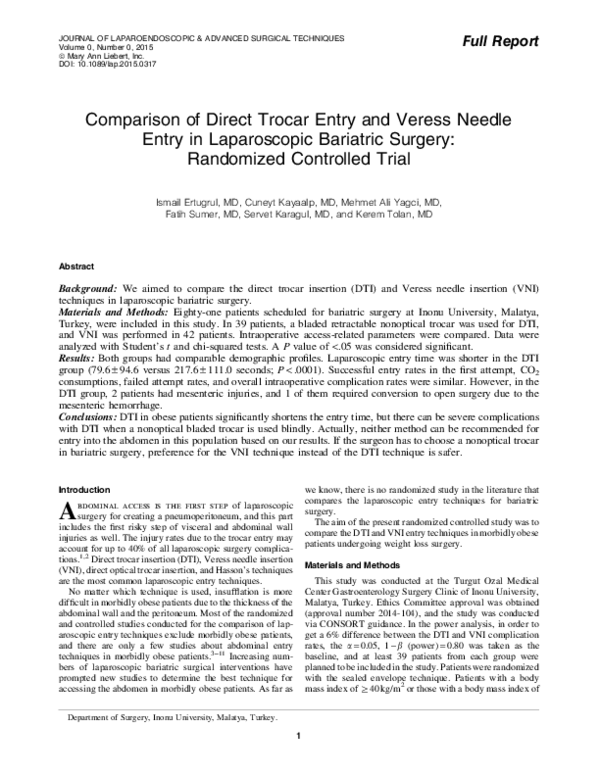 (PDF) Comparison of Direct Trocar Entry and Veress Needle Entry in ...