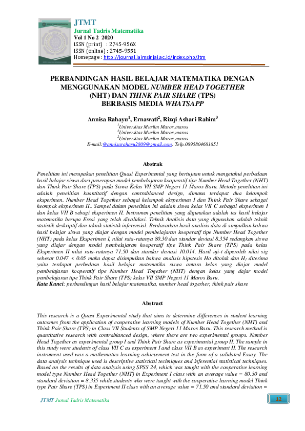 (PDF) Perbandingan Hasil Belajar Matematika Dengan Menggunakan Model Number Head Together (NHT ...