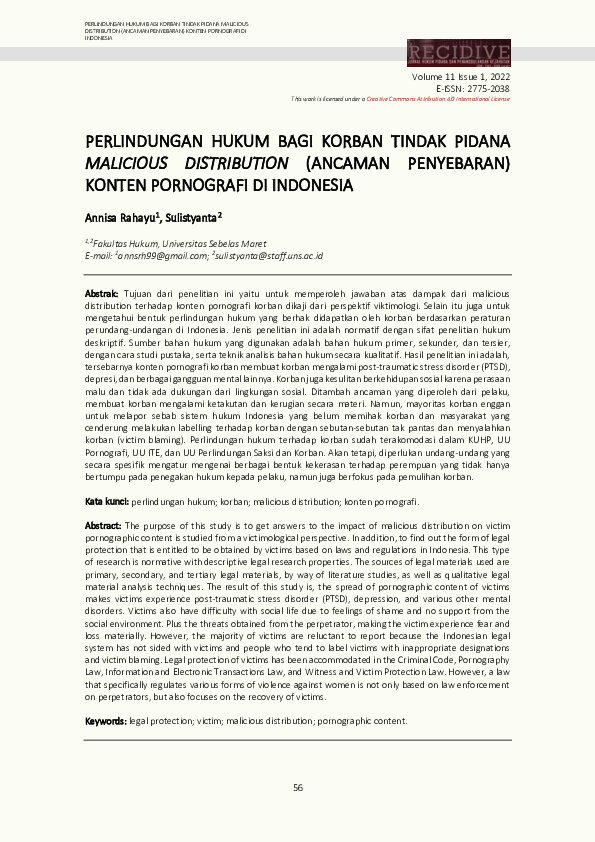 (PDF) Perlindungan Hukum Bagi Korban Tindak Pidana Malicious Distribution (Ancaman Penyebaran ...