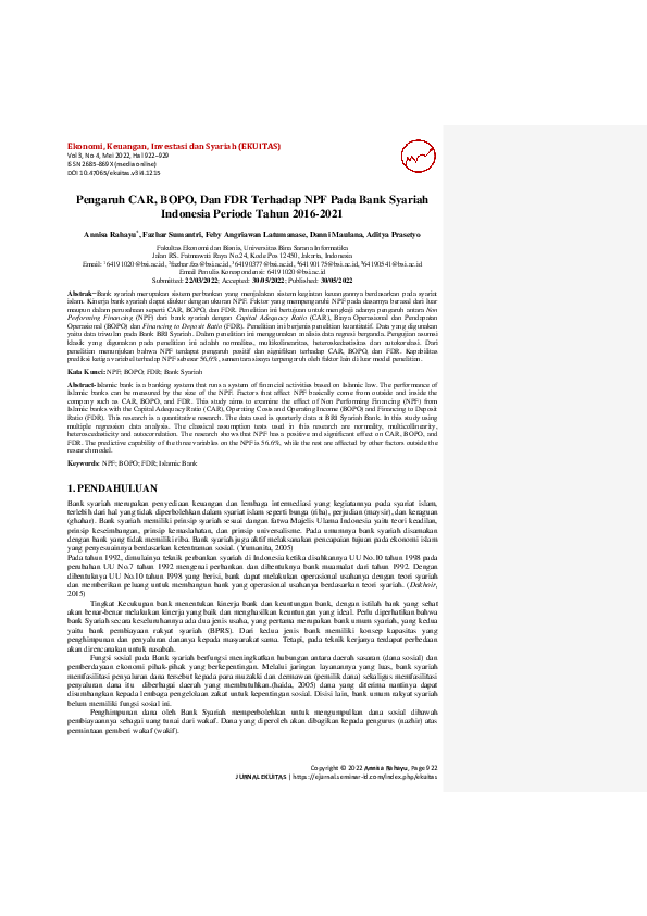 (PDF) Pengaruh CAR, BOPO, dan FDR Terhadap NPF Pada Bank Syariah Indonesia Periode Tahun 2016-2021