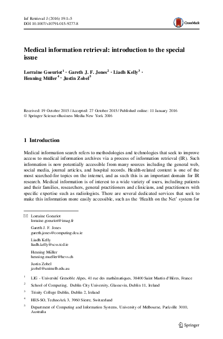 (PDF) Medical information retrieval: introduction to the special issue