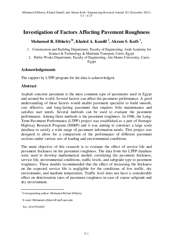 (PDF) Investigation of Factors Affecting Pavement Roughness