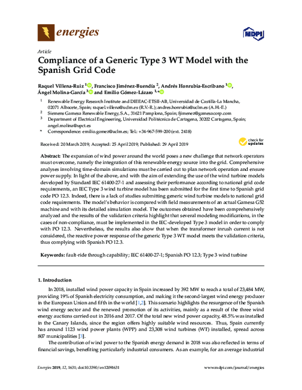 (PDF) Compliance of a Generic Type 3 WT Model with the Spanish Grid Code