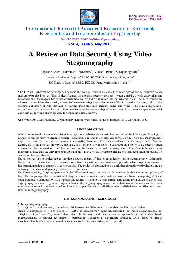 (PDF) A Review on Data Security Using Video Steganography