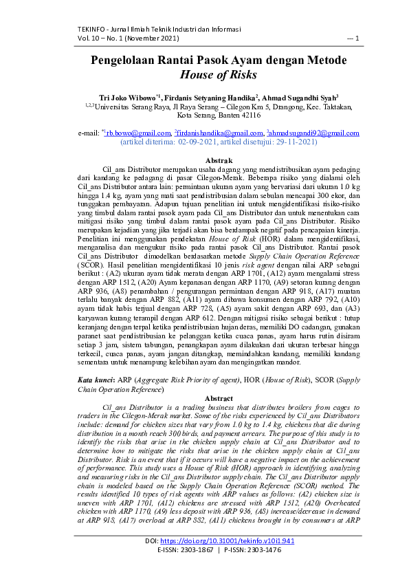 (PDF) Pengelolaan Rantai Pasok Ayam dengan Metode House of Risks | Tri Joko Wibowo - Academia.edu