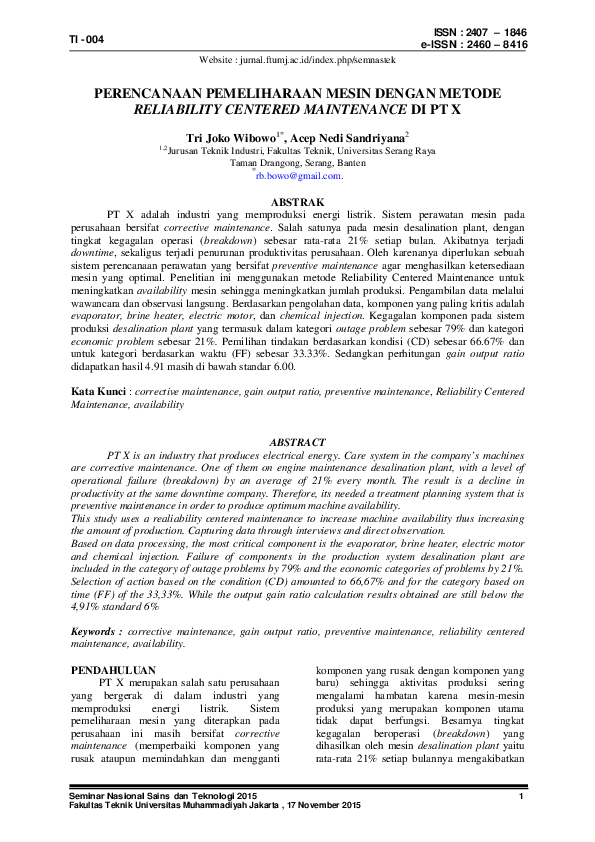 (PDF) Perencanaan Pemeliharaan Mesin Dengan Metode Reliability Centered Maintenance DI PT X
