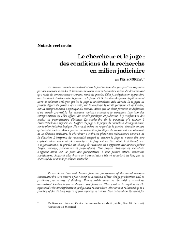 (PDF) Note de recherche. Le chercheur et le juge : des conditions de la ...