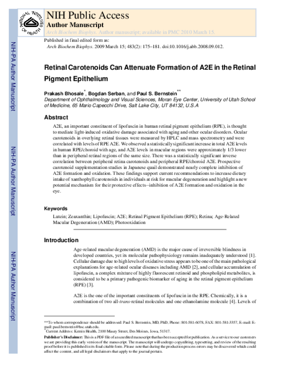 (PDF) Carotenoids Reduce A2E in Retinal Pigment Epithelium
