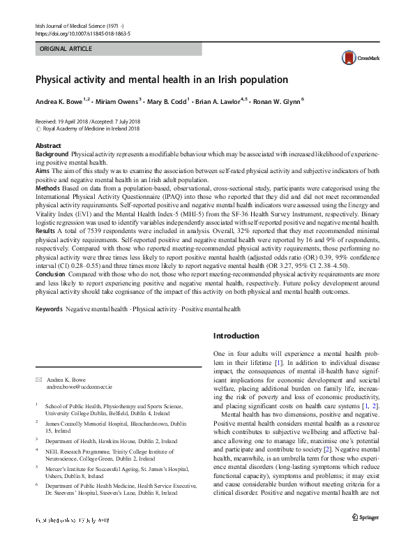 (PDF) Physical activity and mental health in an Irish population