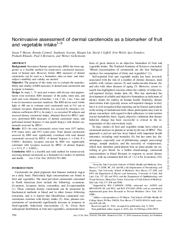 (PDF) Noninvasive assessment of dermal carotenoids as a biomarker of fruit and vegetable intake