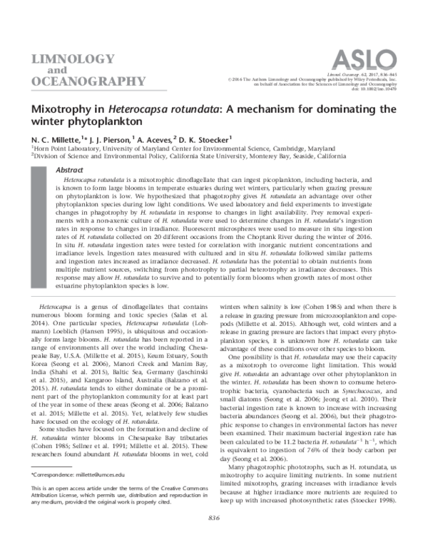(PDF) Mixotrophy in Heterocapsa rotundata: A mechanism for dominating ...