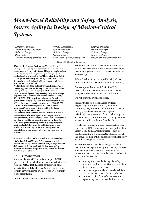 (PDF) Model-based Reliability And Safety Analysis, Fosters Agility In Design Of Mission-Critical ...