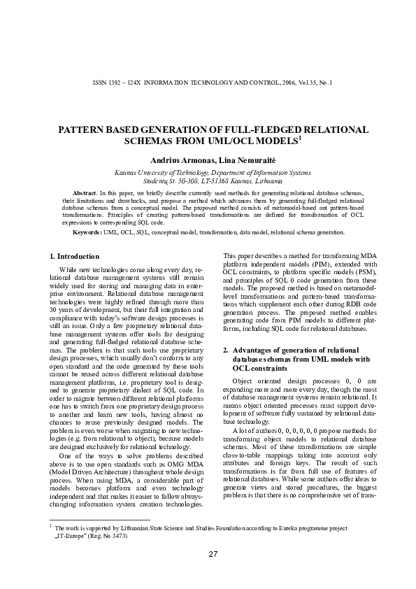 Pdf Pattern Based Generation Of Full Fledged Relational Schemas From Uml Ocl Models