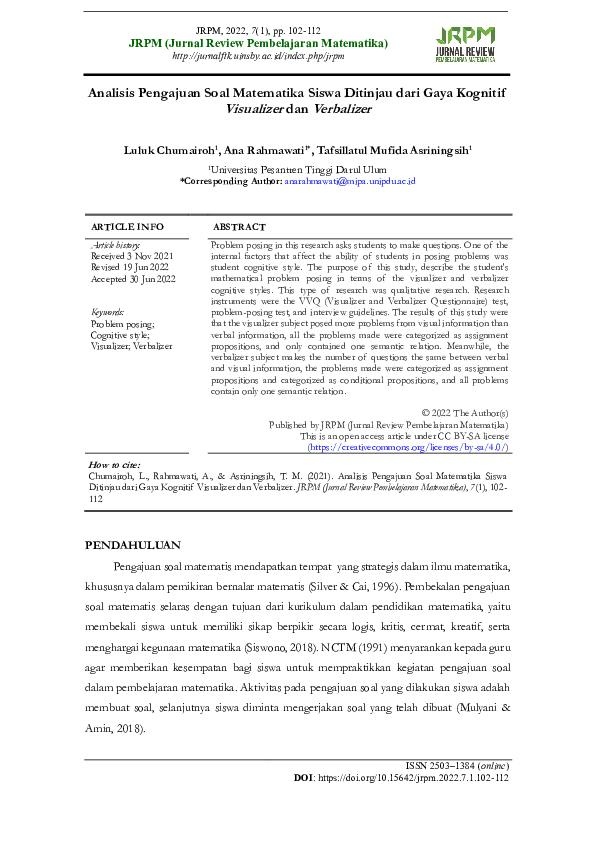 (PDF) Analisis Pengajuan Soal Matematika Siswa Ditinjau dari Gaya ...