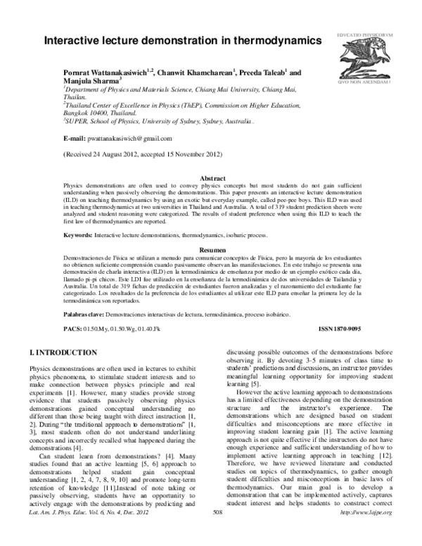 (PDF) Interactive lecture demonstration in thermodynamics