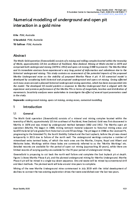 (PDF) Numerical modelling of underground and open pit interaction in a gold mine