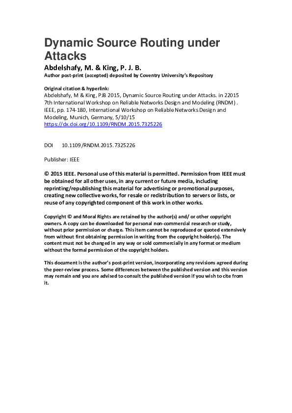 (PDF) Dynamic source routing under attacks | Mohamed Abdelshafy - Academia.edu