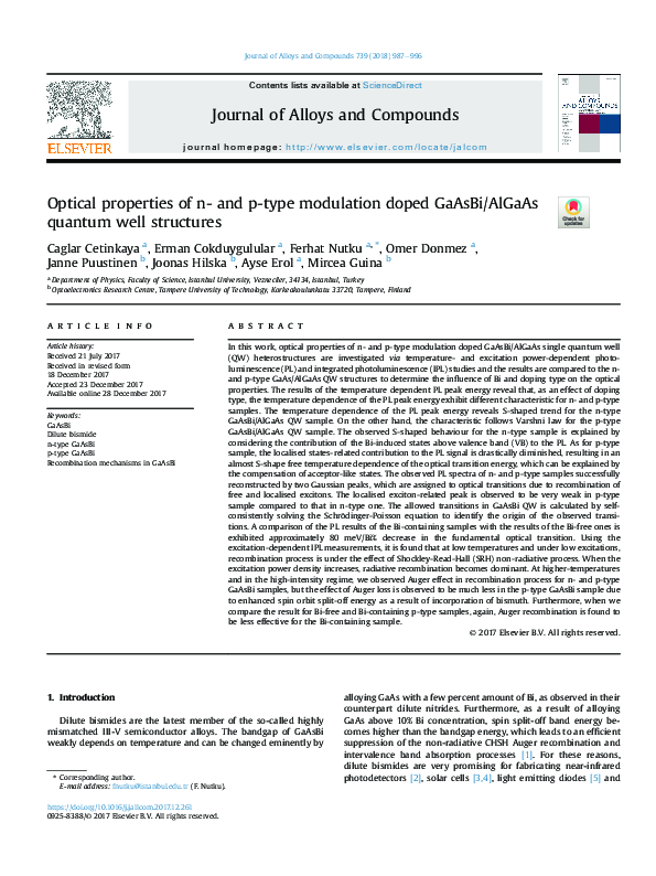 (PDF) Optical properties of n- and p-type modulation doped GaAsBi/AlGaAs quantum well structures