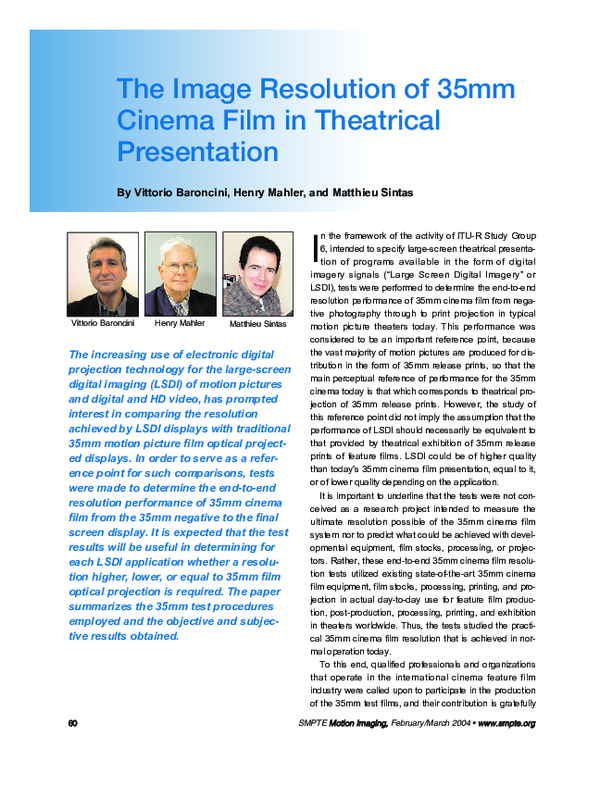 (PDF) The Image Resolution of 35mm Cinema Film in Theatrical Presentation