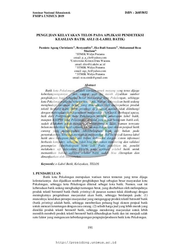 (PDF) Pengujian Kelayakan Telos Pada Aplikasi Pendeteksi Keaslian Batik Asli (E-Label Batik)