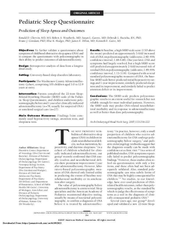 (PDF) Pediatric Sleep Questionnaire