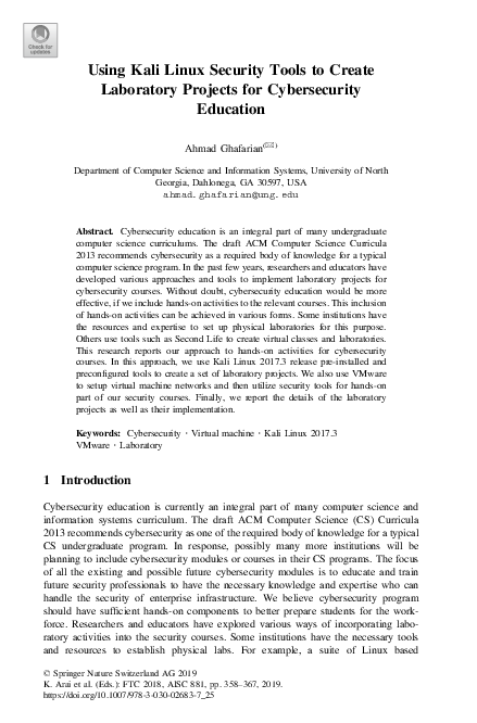 Pdf Using Kali Linux Security Tools To Create Laboratory Projects For Cybersecurity Education 1256