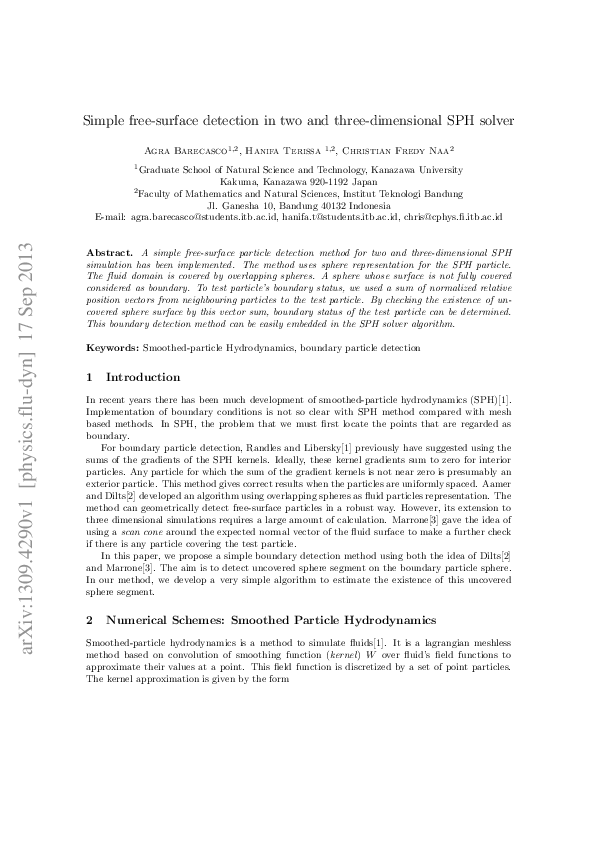 (PDF) Simple free-surface detection in two and three-dimensional SPH solver | Agra Barecasco ...