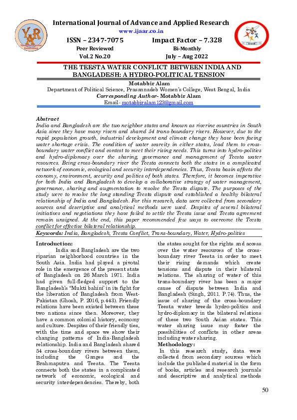 (PDF) The Teesta Water Conflict Between India and Bangladesh: A Hydro-Political Tension