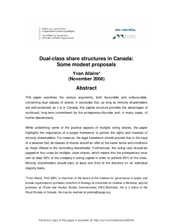 (PDF) Dual-Class Shares in Canada: Some Modest Proposals