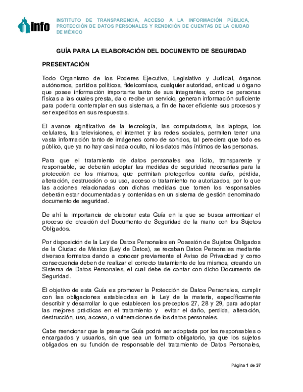 (DOC) GUÍA PARA LA ELABORACIÓN DEL DOCUMENTO DE SEGURIDAD PRESENTACIÓN