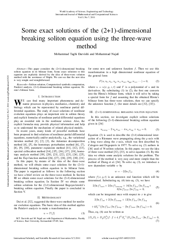 (PDF) Some Exact Solutions Of The (2+1)-Dimensional Breaking Soliton Equation Using The Three ...