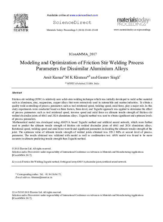 (PDF) Modeling and Optimization of Friction Stir Welding Process Parameters for Dissimilar ...