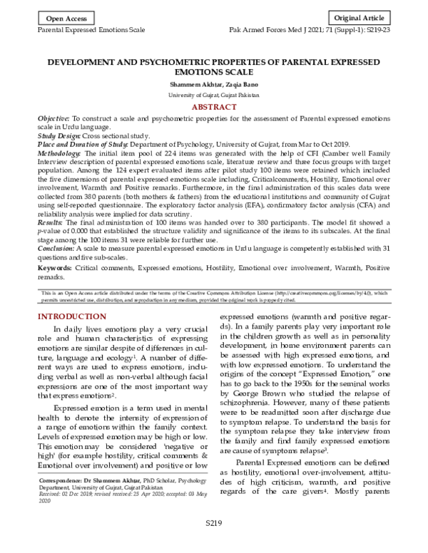 (PDF) DEVELOPMENT AND PSYCHOMETRIC PROPERTIES OF PARENTAL EXPRESSED ...