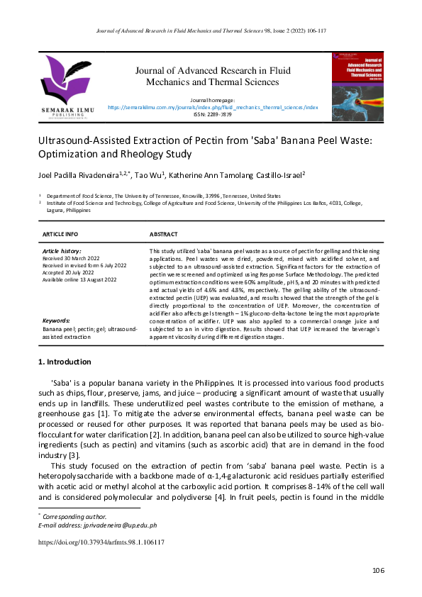 Pdf Ultrasound Assisted Extraction Of Pectin From Saba Banana Peel