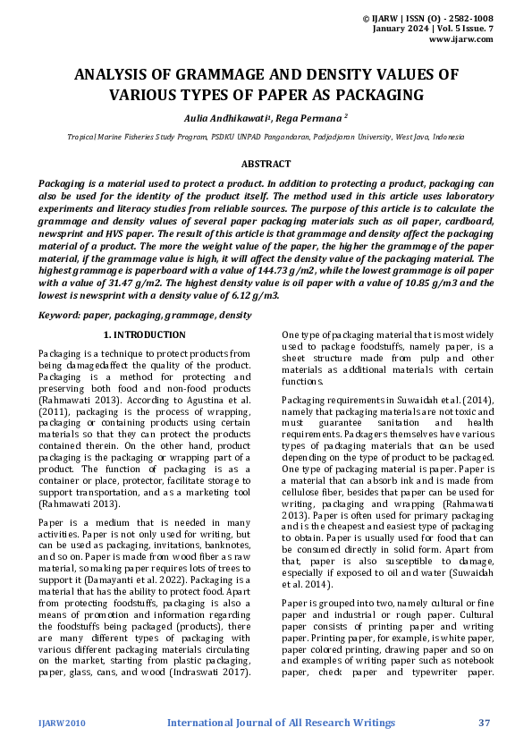 (PDF) ANALYSIS OF GRAMMAGE AND DENSITY VALUES OF VARIOUS TYPES OF PAPER ...