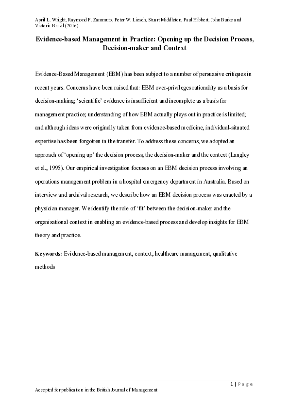 (PDF) Evidence-based Management in Practice: Opening up the Decision Process, Decision-maker and ...