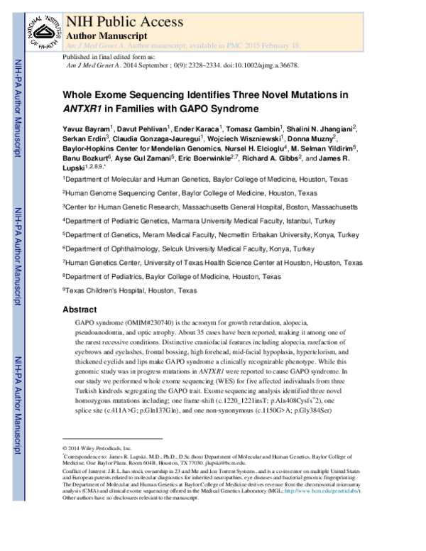 (PDF) Whole exome sequencing identifies three novel mutations inANTXR1in families with GAPO syndrome