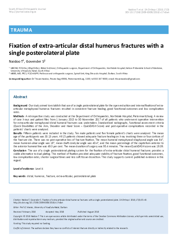 (PDF) Fixation of extra-articular distal humerus fractures with a single posterolateral plate
