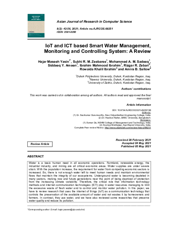 (PDF) IoT and ICT based Smart Water Management, Monitoring and Controlling System: A Review