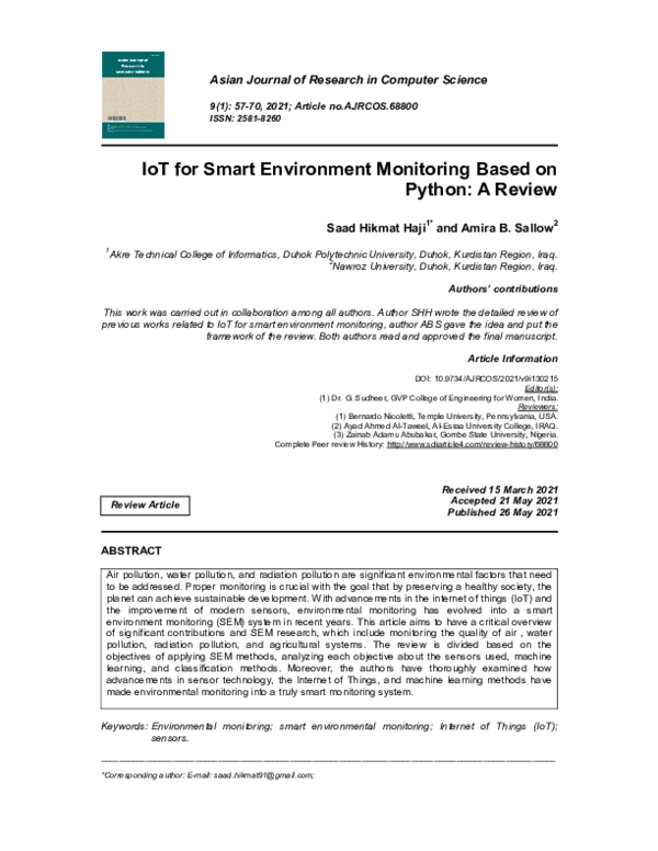 (PDF) IoT for Smart Environment Monitoring Based on Python: A Review