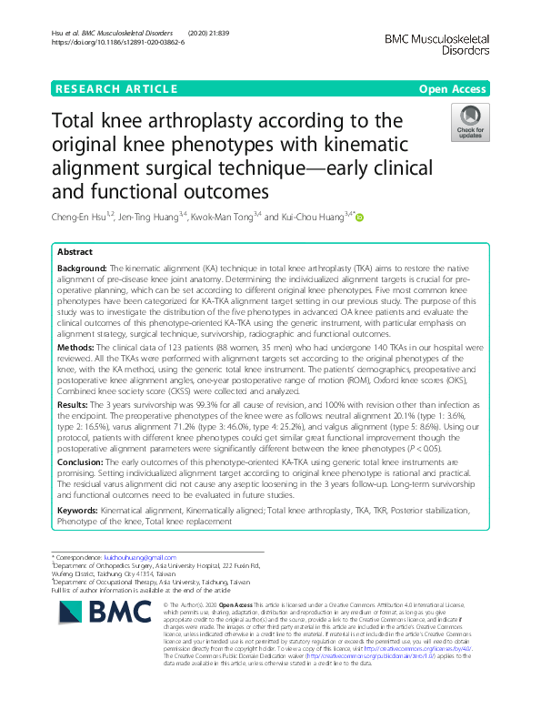 (PDF) Kinematic Alignment TKA Based on Knee Phenotypes: Outcomes
