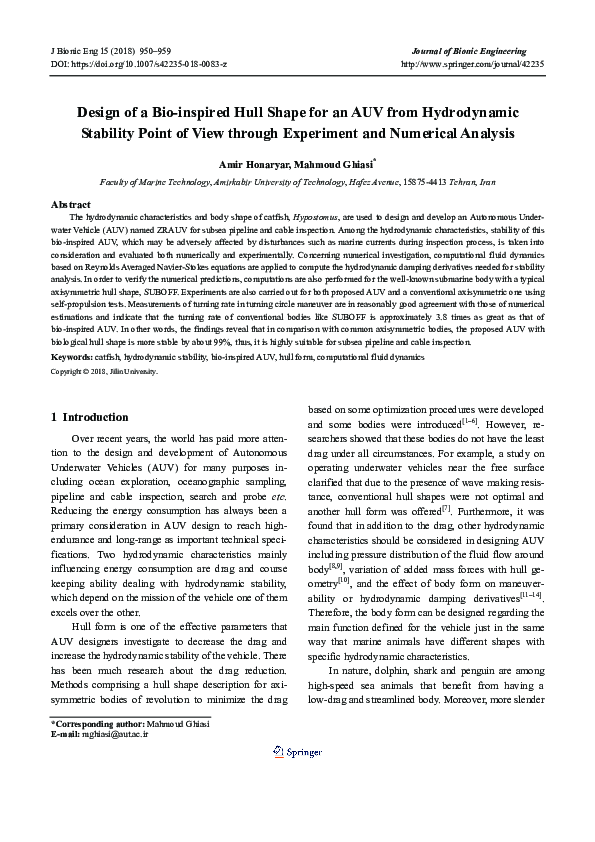 (PDF) Design of a Bio-inspired Hull Shape for an AUV from Hydrodynamic Stability Point of View ...