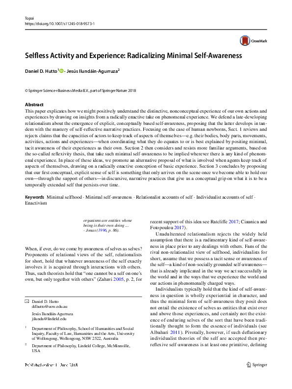(PDF) Selfless Activity and Experience: Radicalizing Minimal Self-Awareness