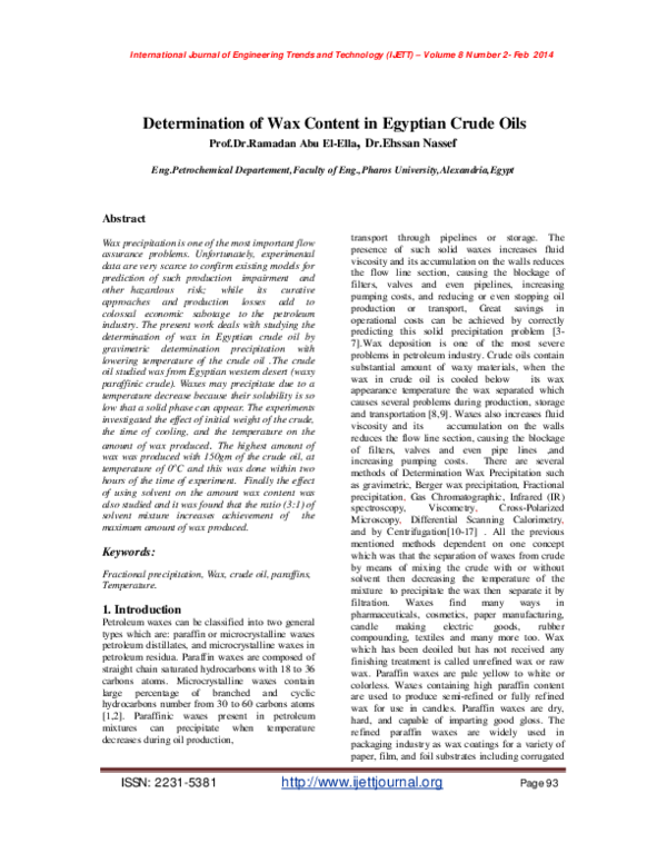 (PDF) Determination of Wax Content in Egyptian Crude Oils